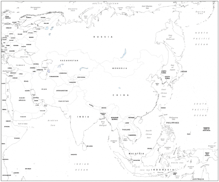 Large Asia colouring map - Cosmographics Ltd