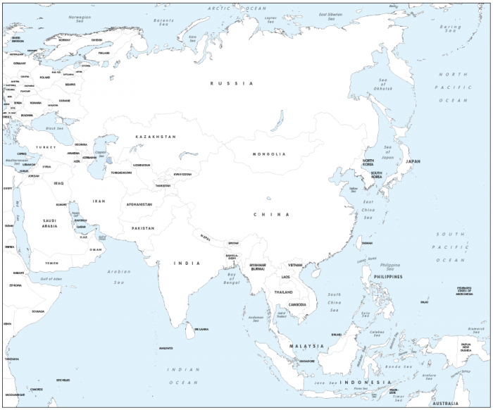 Large Asia colouring map - Cosmographics Ltd