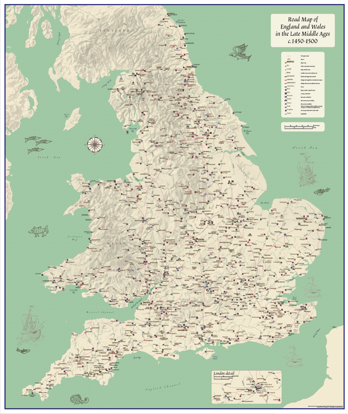 Road map of England and Wales in the Late Middle Ages c.1450 - 1500 ...